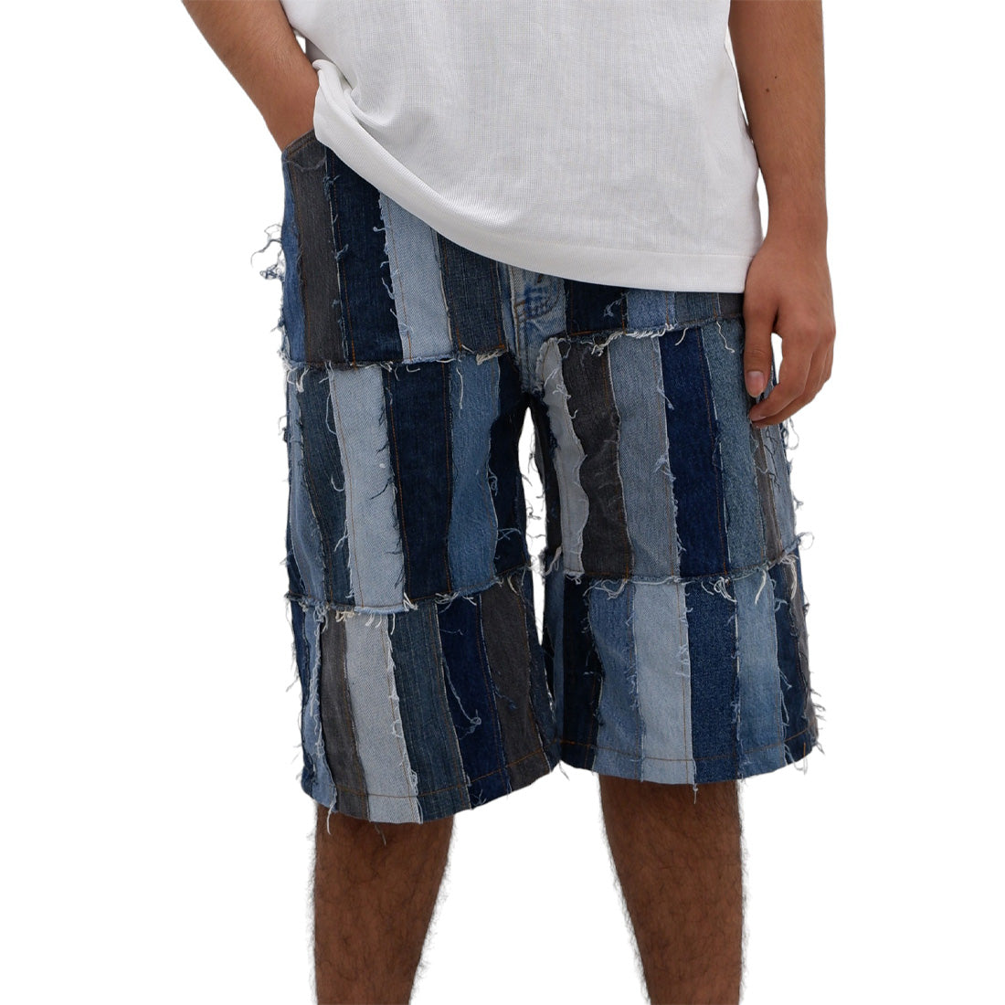 Mens Denim Vertical Patched Distressed Jorts – Efaar