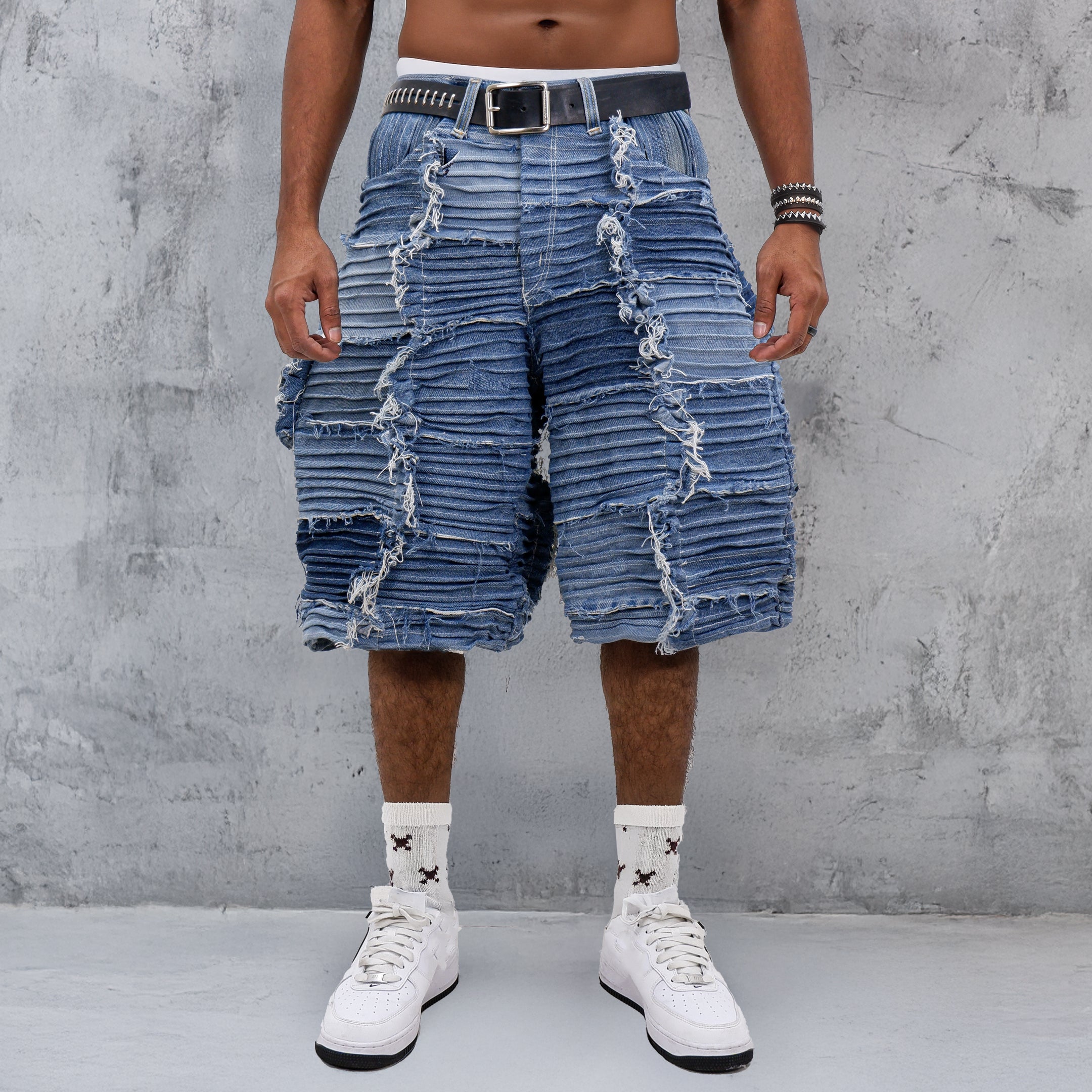 Pintuck Detailed Distressed Denim Jorts Unisex – Efaar